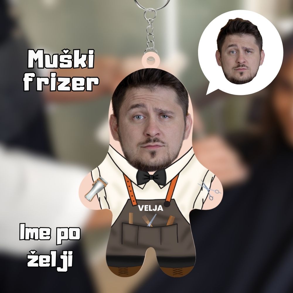 Muski Frizer Mini Me Drveni Privezak sa tvojim likom i imenom - BearBox